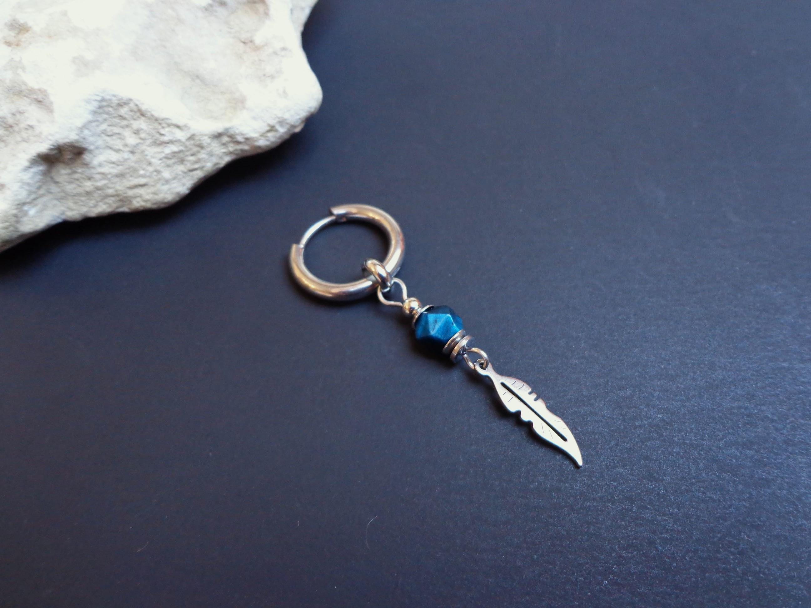 Dainty Feather & Blue Tiger Eye Mono Earring: Stainless Steel Hoop ...