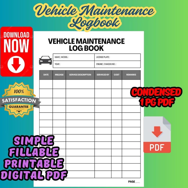 Printable Vehicle Maintenance Log Book | Track Car Repairs, Oil Changes ...