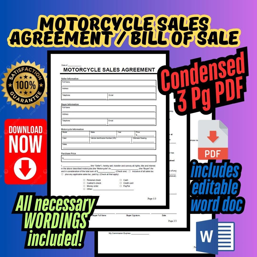 Motorcycle Bill of Sale Template | Legal Sales Agreement (printable ...