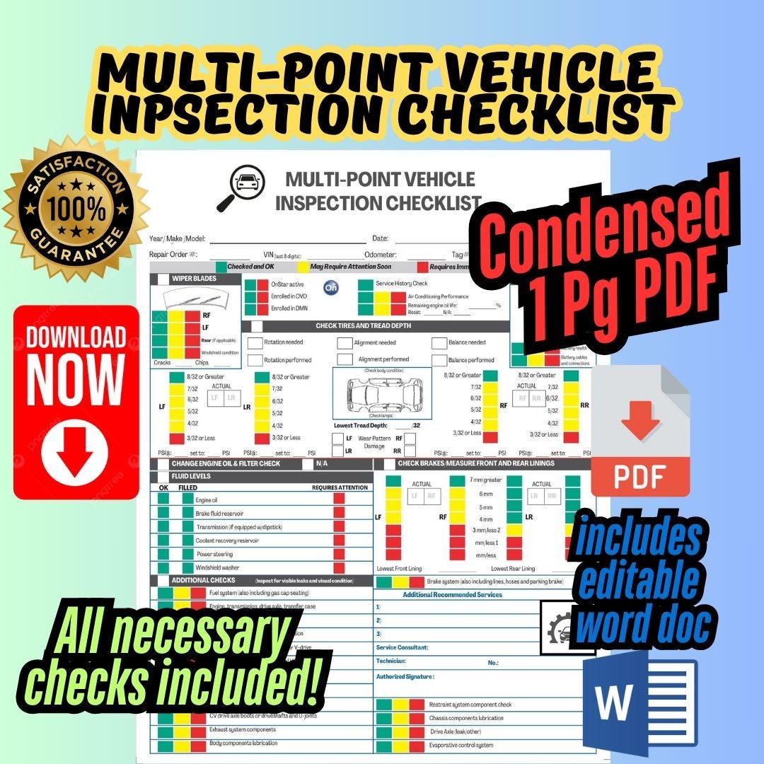 Vehicle Inspection Checklist, Printable PDF for Car Maintenance, Pre-purchase Inspections, DIY ...