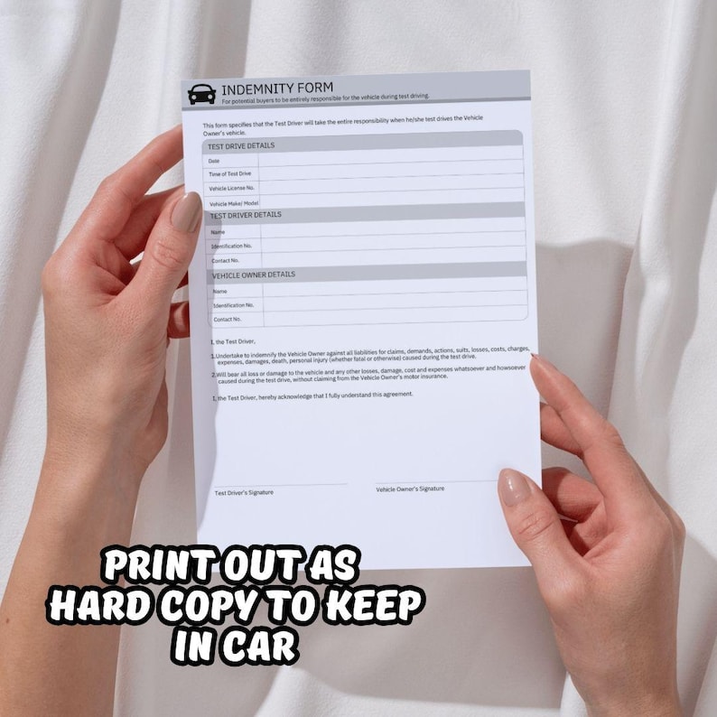 Test Drive Indemnity Form | Printable Car Liability Waiver | Buyer ...