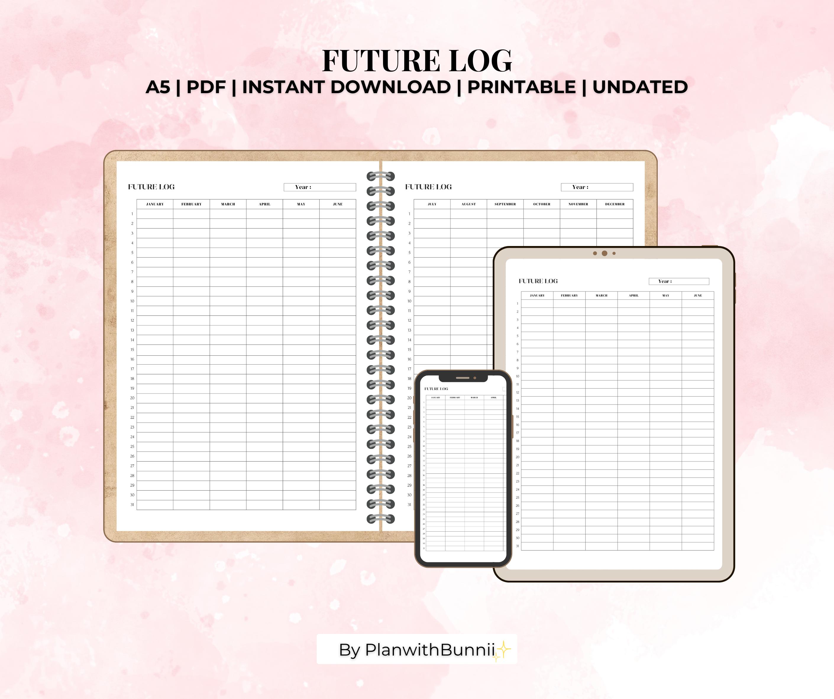 Yearly Printable Planner, Future Log, Undated, PDF, A5 Insert, Instant ...