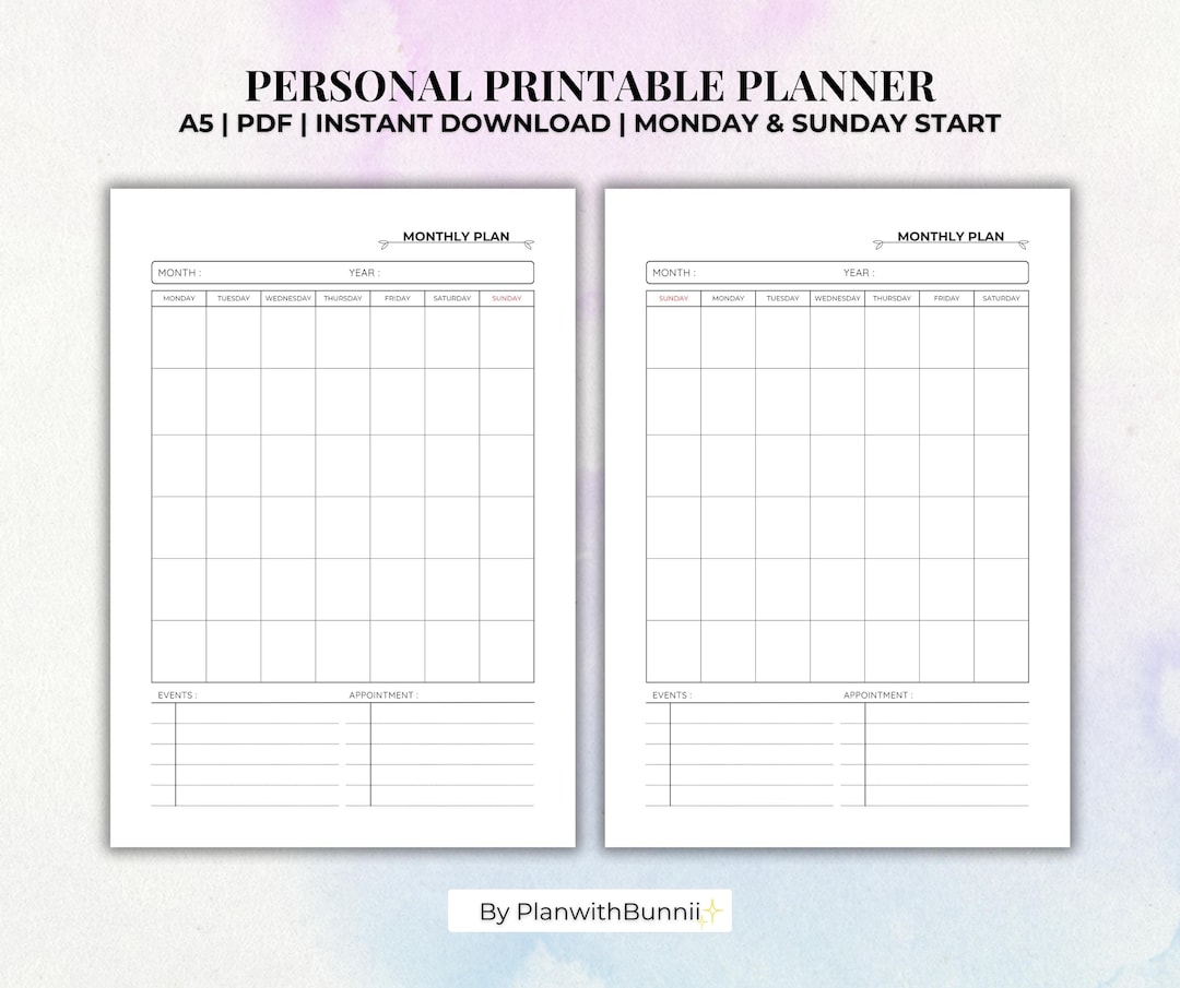 Monthly Printable Plan PDF, A5 Insert, Productivity Schedule Organizer ...
