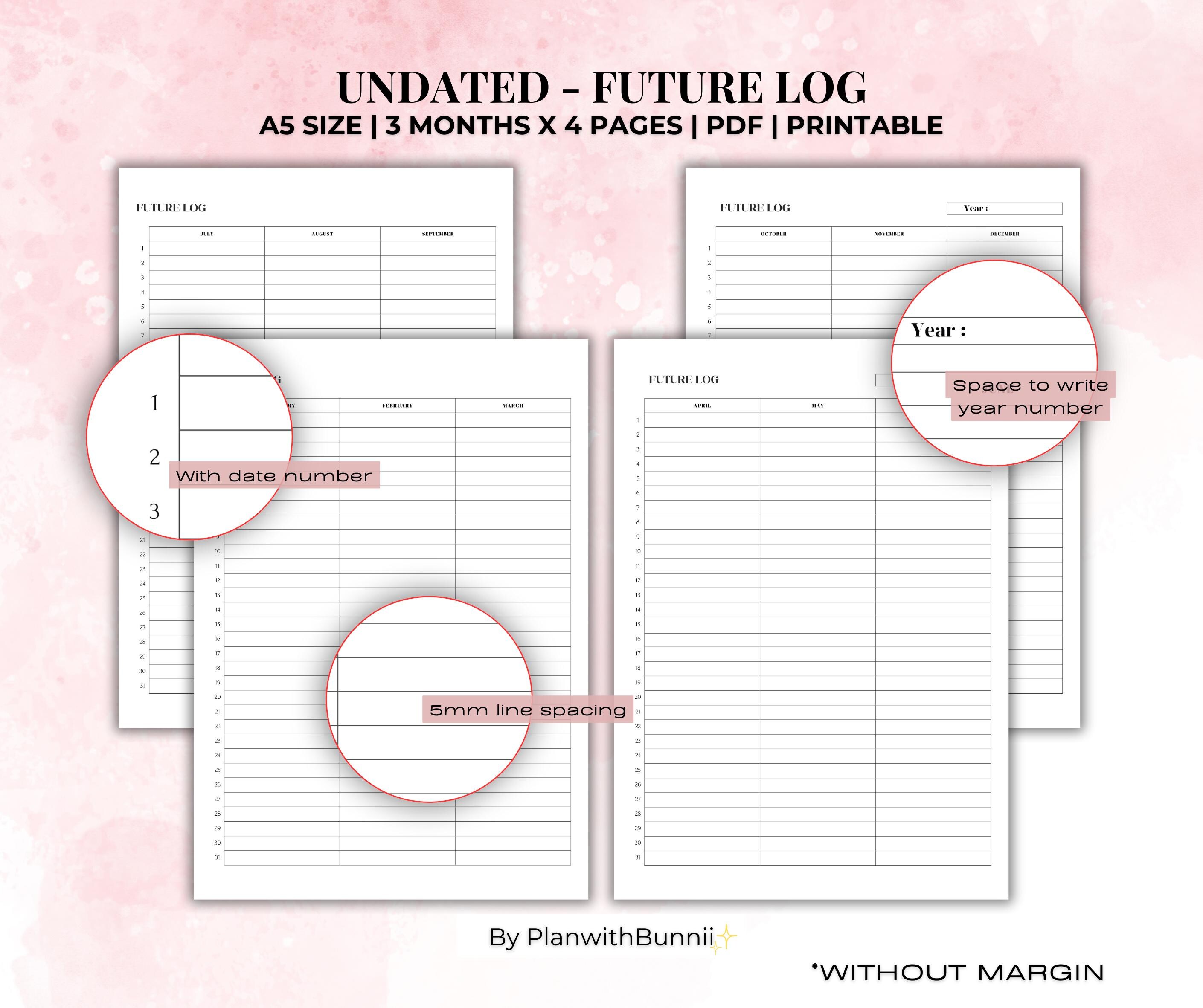Yearly Undated Future Log Printable, PDF, A5 Insert, Instant Digital ...