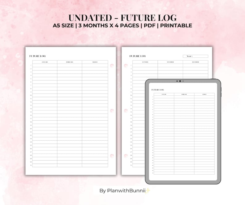Yearly Undated Future Log Printable, PDF, A5 Insert, Instant Digital ...