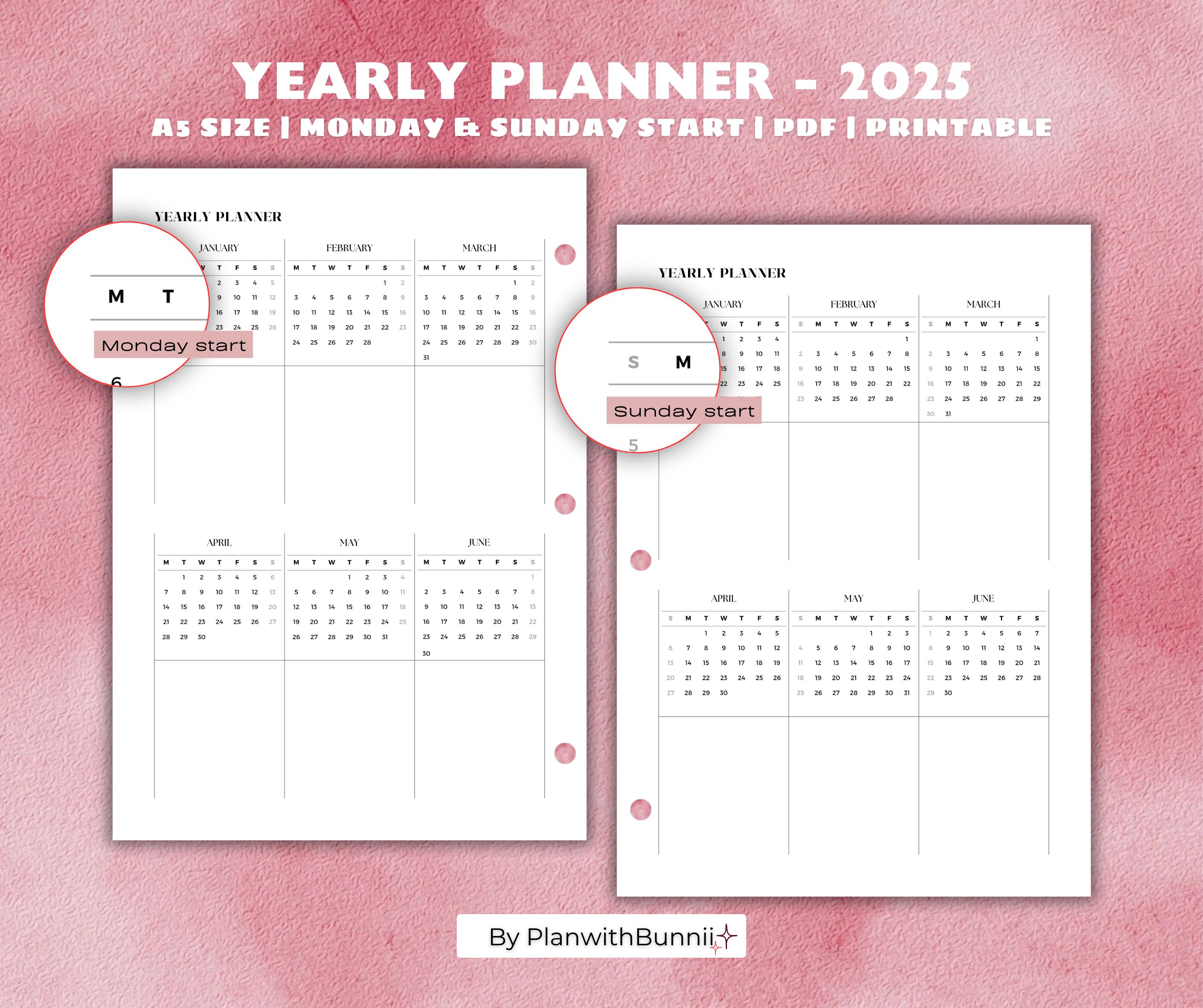2025 Yearly Printable Planner Journal, PDF, A5 Insert, Year at a Glance ...