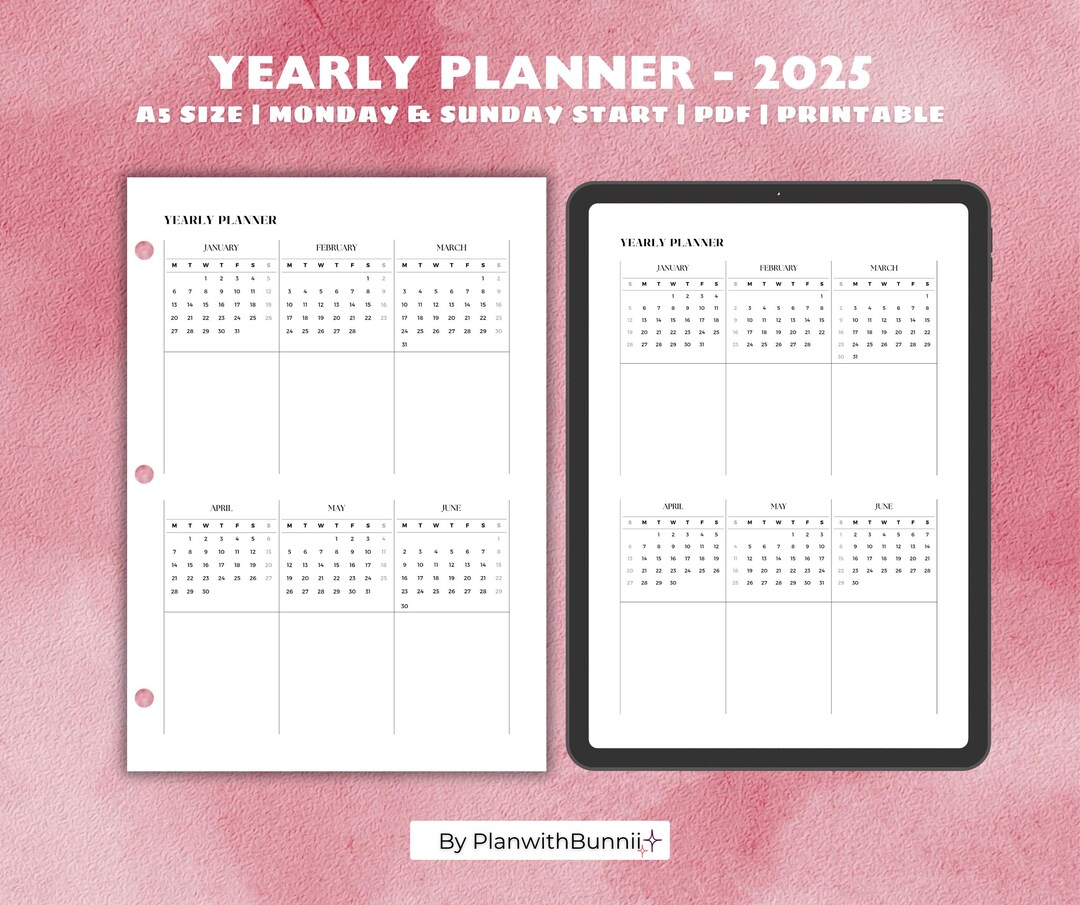 2025 Yearly Printable Planner Journal, PDF, A5 Insert, Year at a Glance ...
