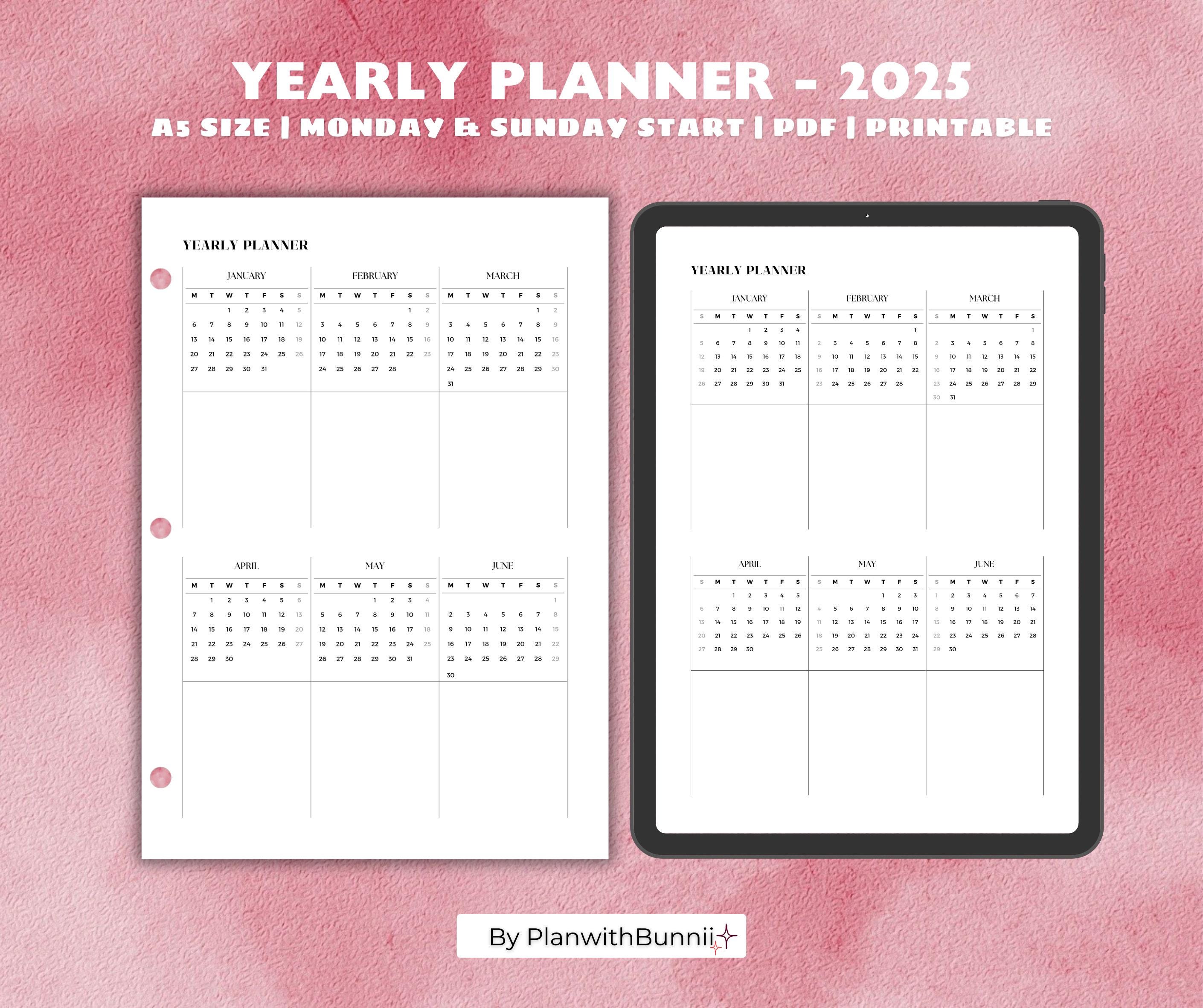2025 Yearly Printable Planner Journal, PDF, A5 Insert, Year at a Glance ...