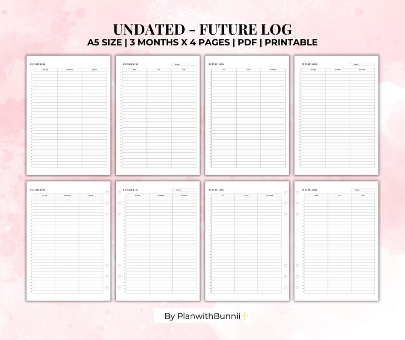 Yearly Undated Future Log Printable, PDF, A5 Insert, Instant Digital ...