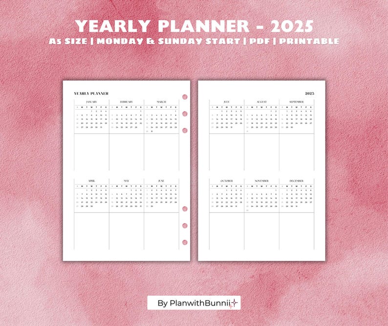 2025 Yearly Printable Planner Journal, PDF, A5 Insert, Year at a Glance ...