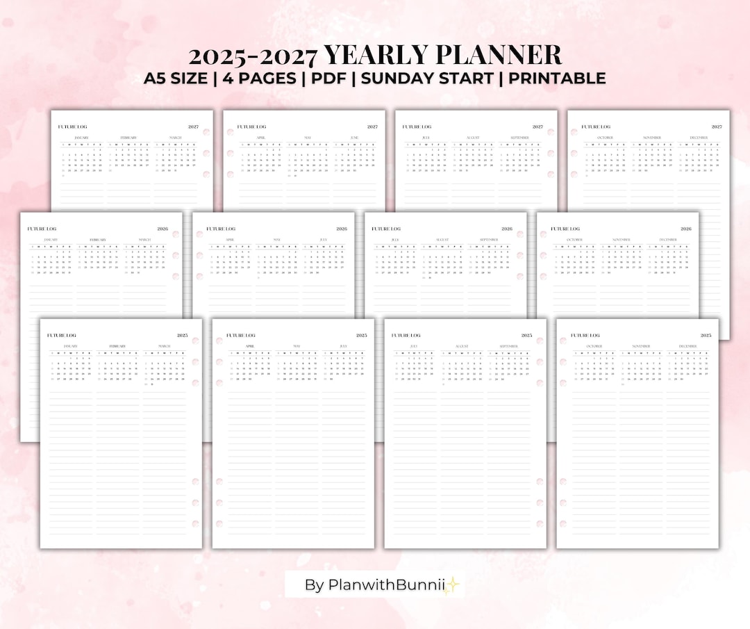 2025 2026 2027 Yearly Future Log Printable Planner, PDF, A5 Insert ...
