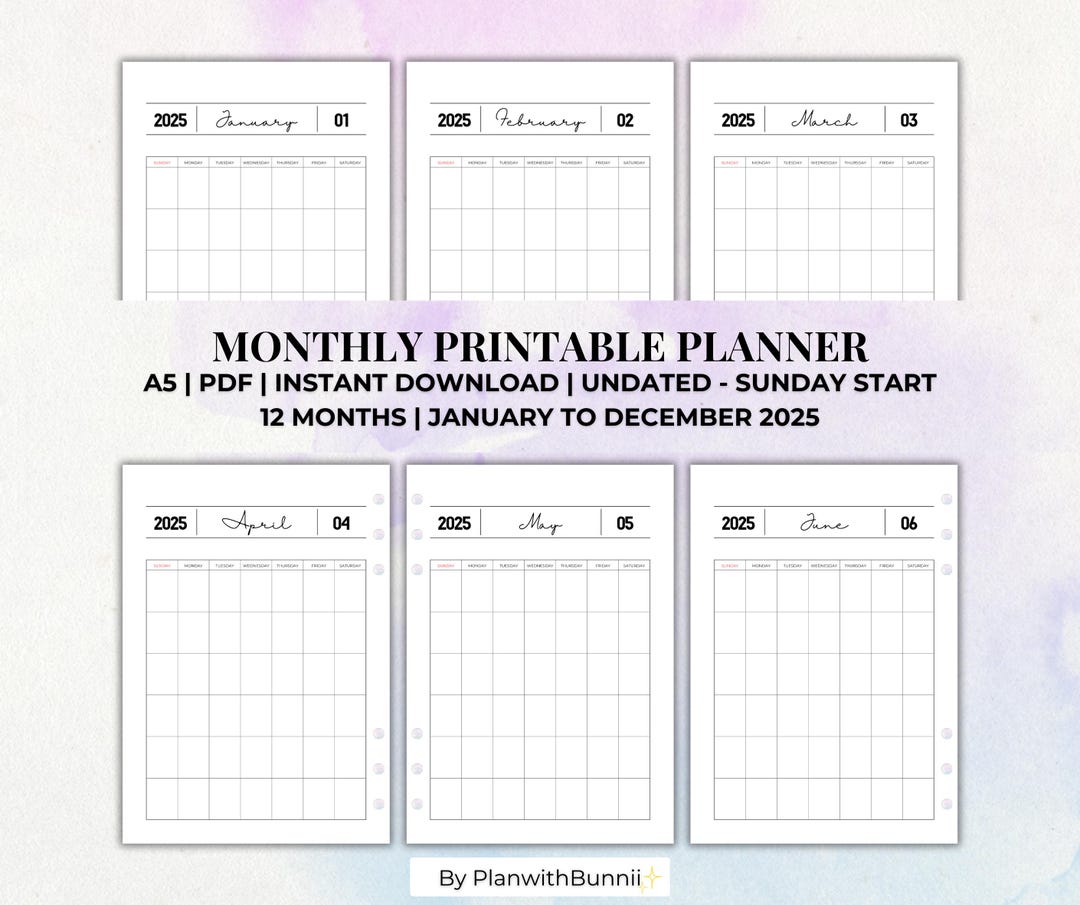 2025 Monthly Printable Planner PDF, A5 Insert, Productivity Organizer ...