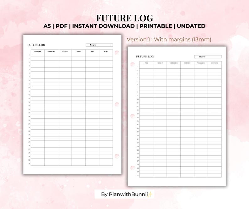Yearly Printable Planner, Future Log, Undated, PDF, A5 Insert, Instant ...