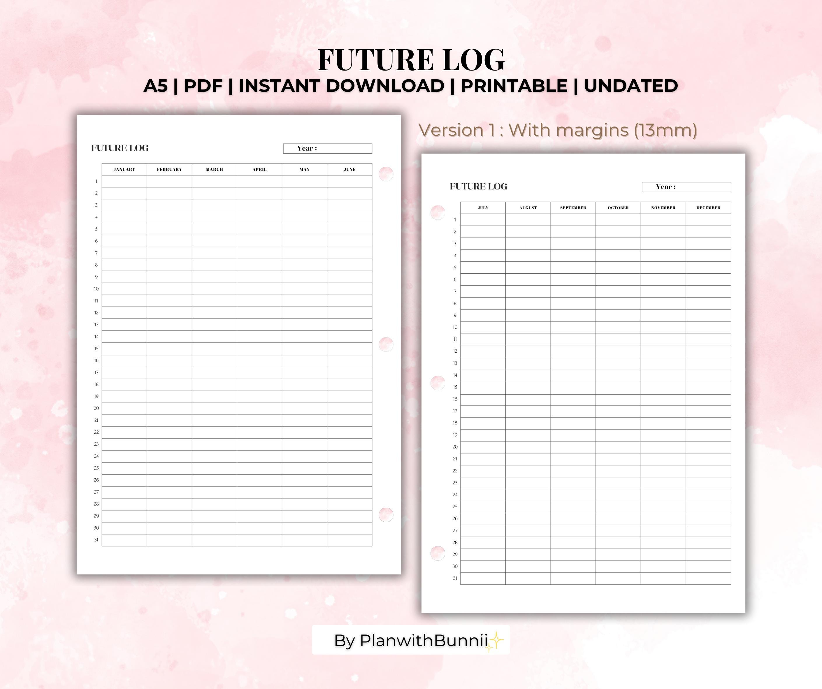 Yearly Printable Planner, Future Log, Undated, PDF, A5 Insert, Instant ...