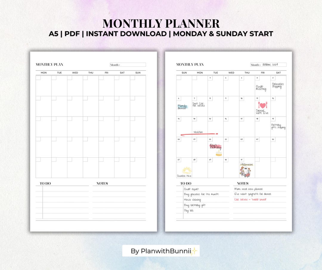 Monthly Planner Printable, Undated, Monday and Sunday Start, PDF, A5 ...