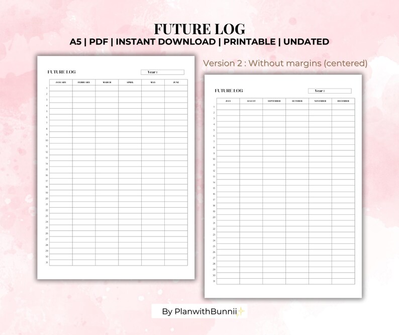 Yearly Printable Planner, Future Log, Undated, PDF, A5 Insert, Instant ...