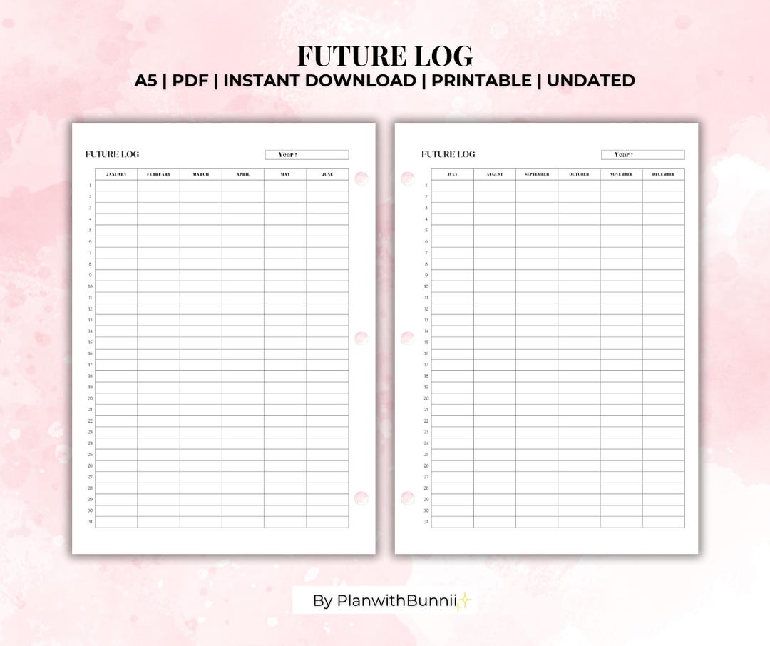 Yearly Printable Planner, Future Log, Undated, PDF, A5 Insert, Instant ...