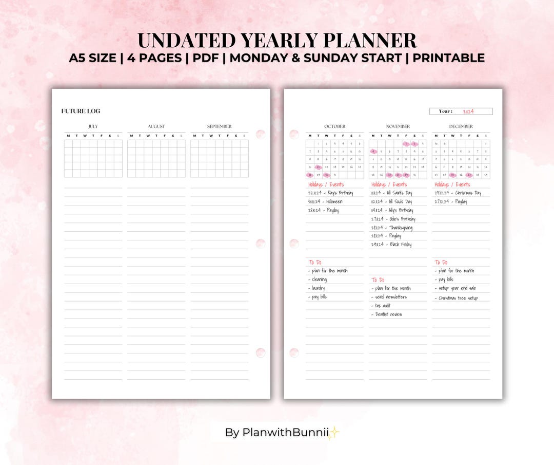 Undated Yearly Future Log Printable Planner, PDF, A5 Insert 2025 2026 ...