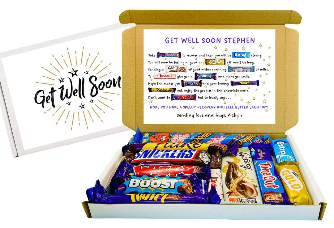 Get Well Soon Chocolate Treat Box, Personalised Option Letterbox Gift ...