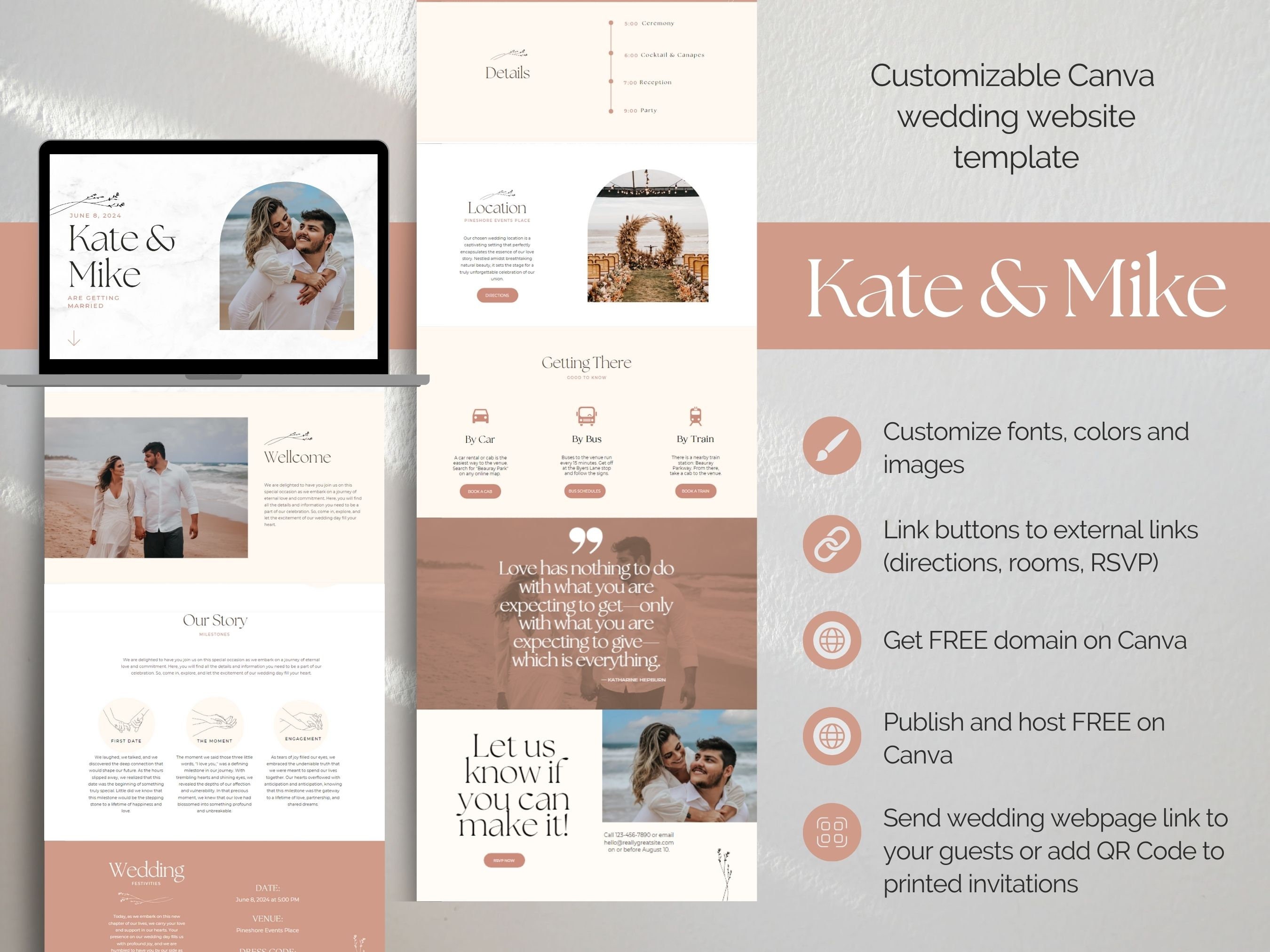 Wedding Website Canva Template, Digital Wedding Invitation, Wedding ...