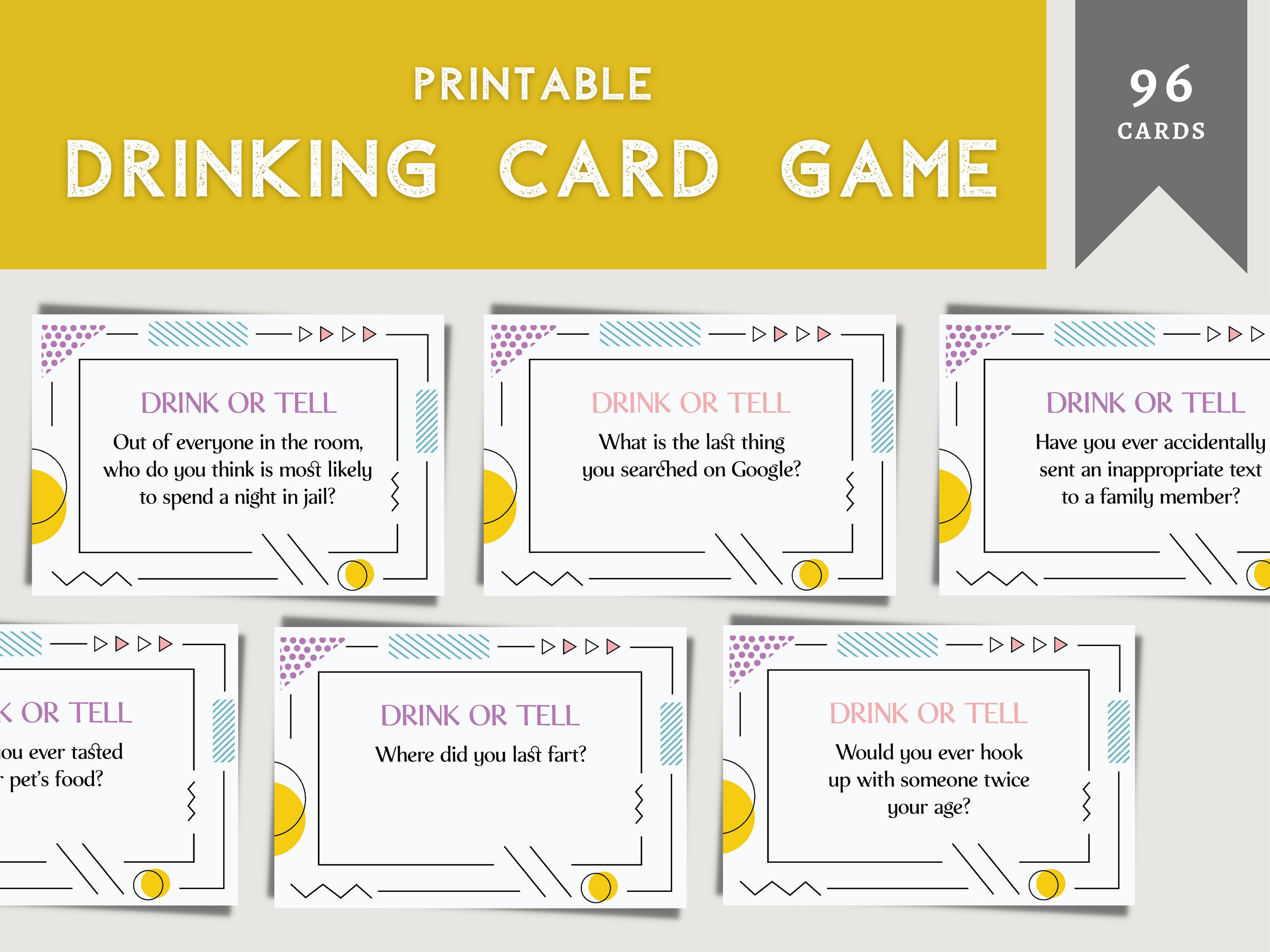 Printable Drinking Cards Game Drink or Tell Cards Adult Only Party Game ...