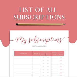 Printable Subscription Tracker, Monthly Subscription, Membership ...
