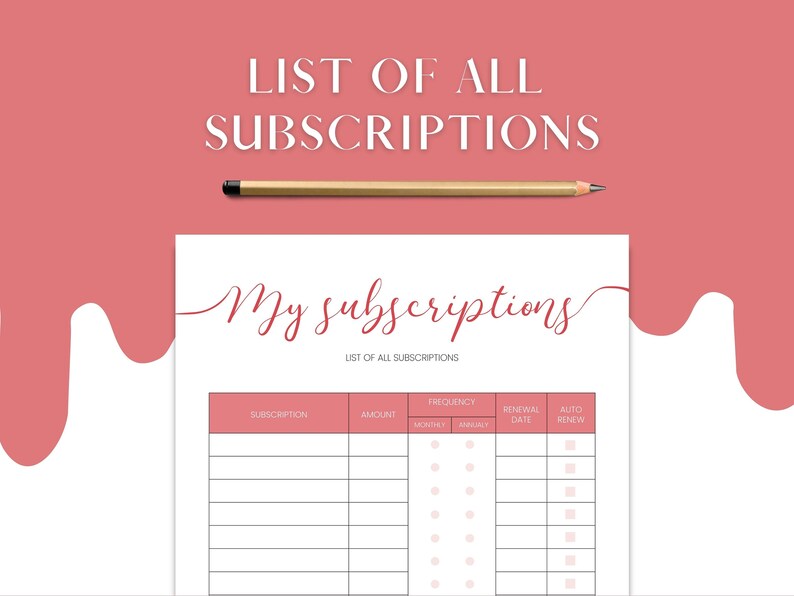 Printable Subscription Tracker, Monthly Subscription, Membership ...