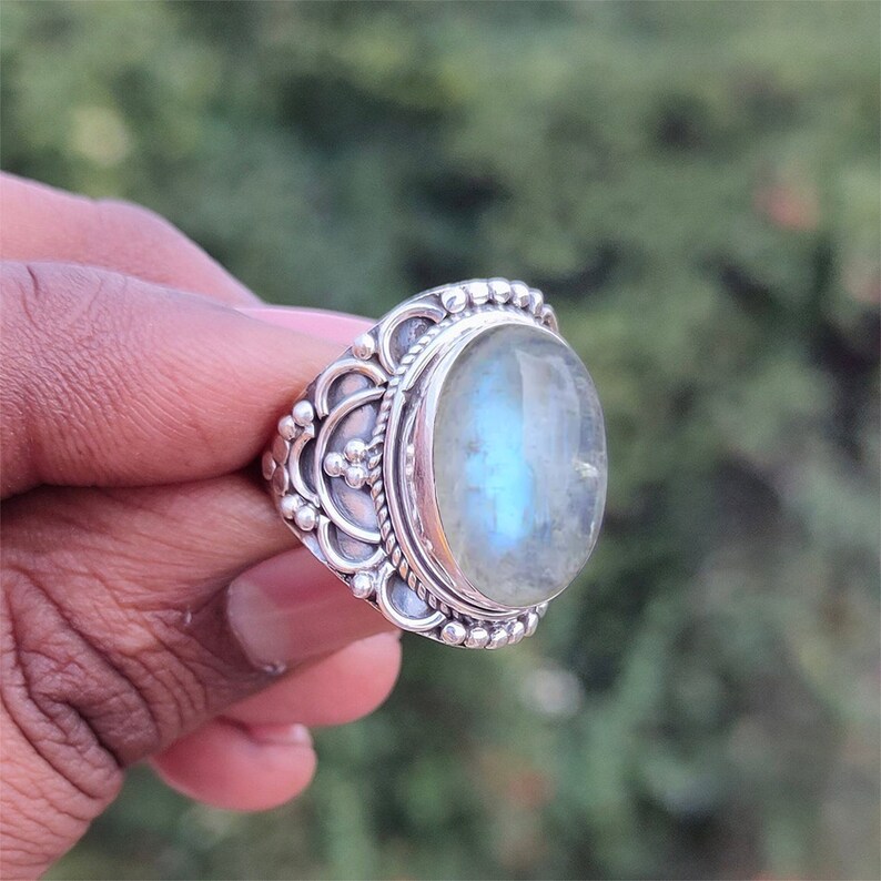 Moonstone Boho Ring Rainbow Moonstone Sterling Silver Ring Statement ...