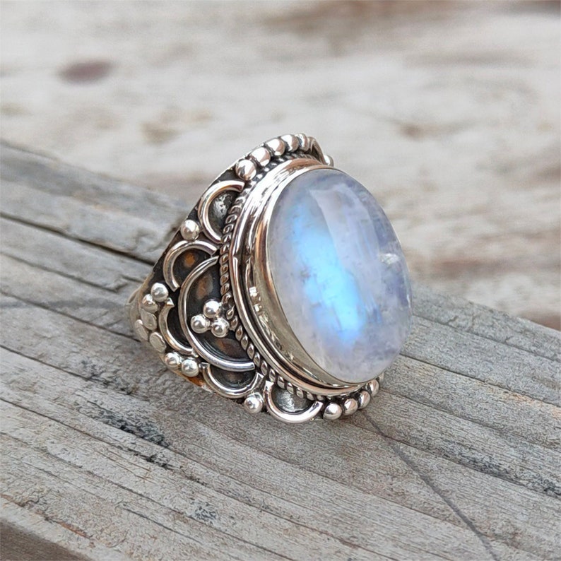 Moonstone Boho Ring Rainbow Moonstone Sterling Silver Ring Statement ...