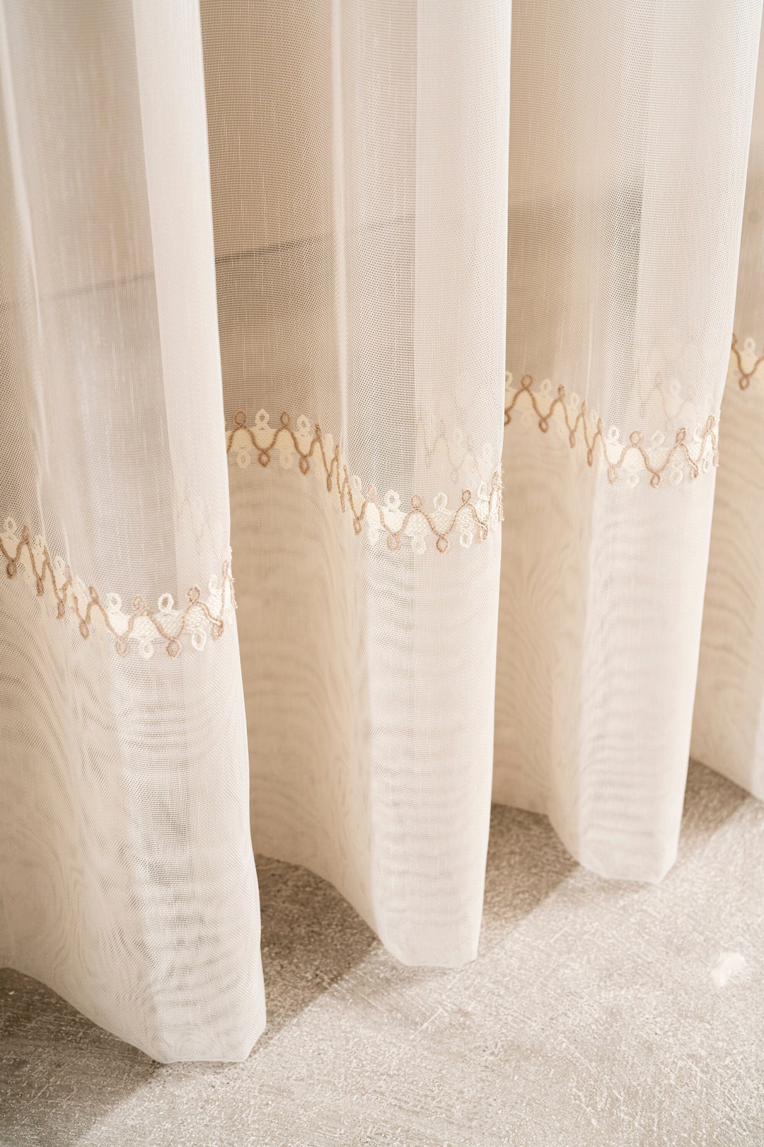 White Double Pleated Sheer Curtains, 4 Colors. Bottom Embroidery Drapes ...