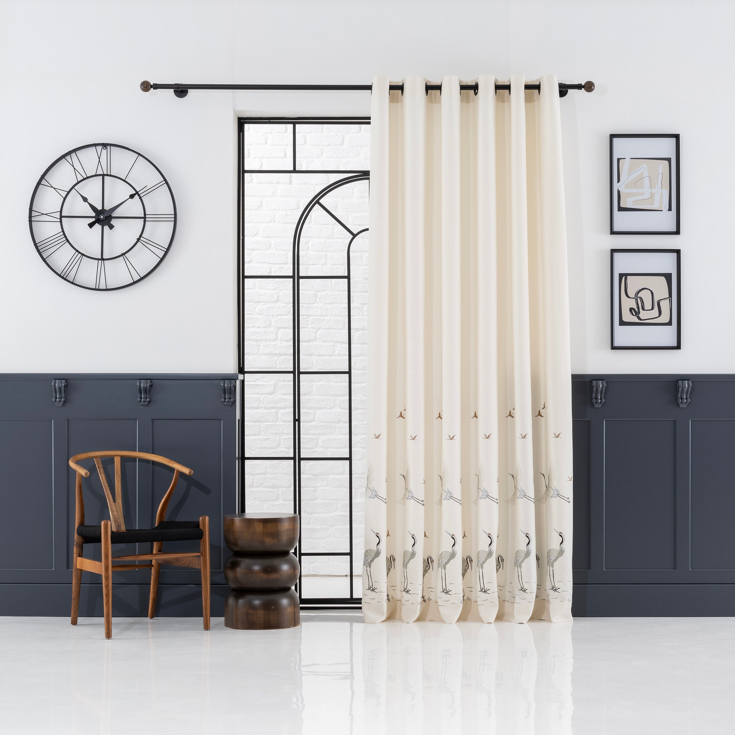100% Shower Curtain Crane Embroidered Linen Curtains, Thermal Drapes ...
