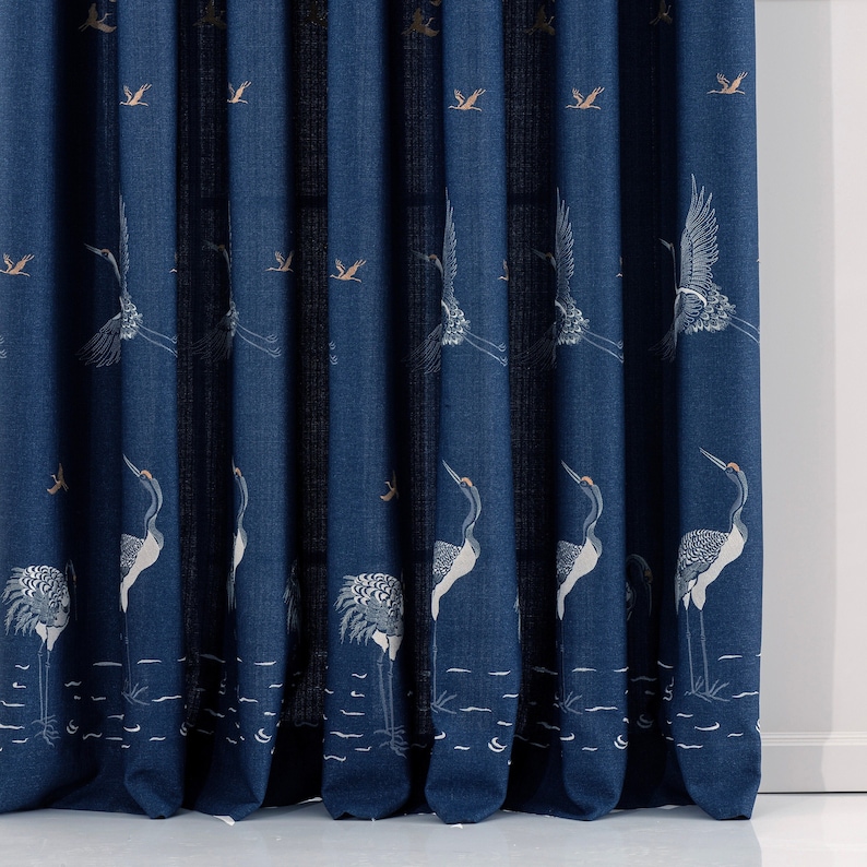 100% Shower Curtain Crane Embroidered Linen Curtains, Thermal Drapes ...
