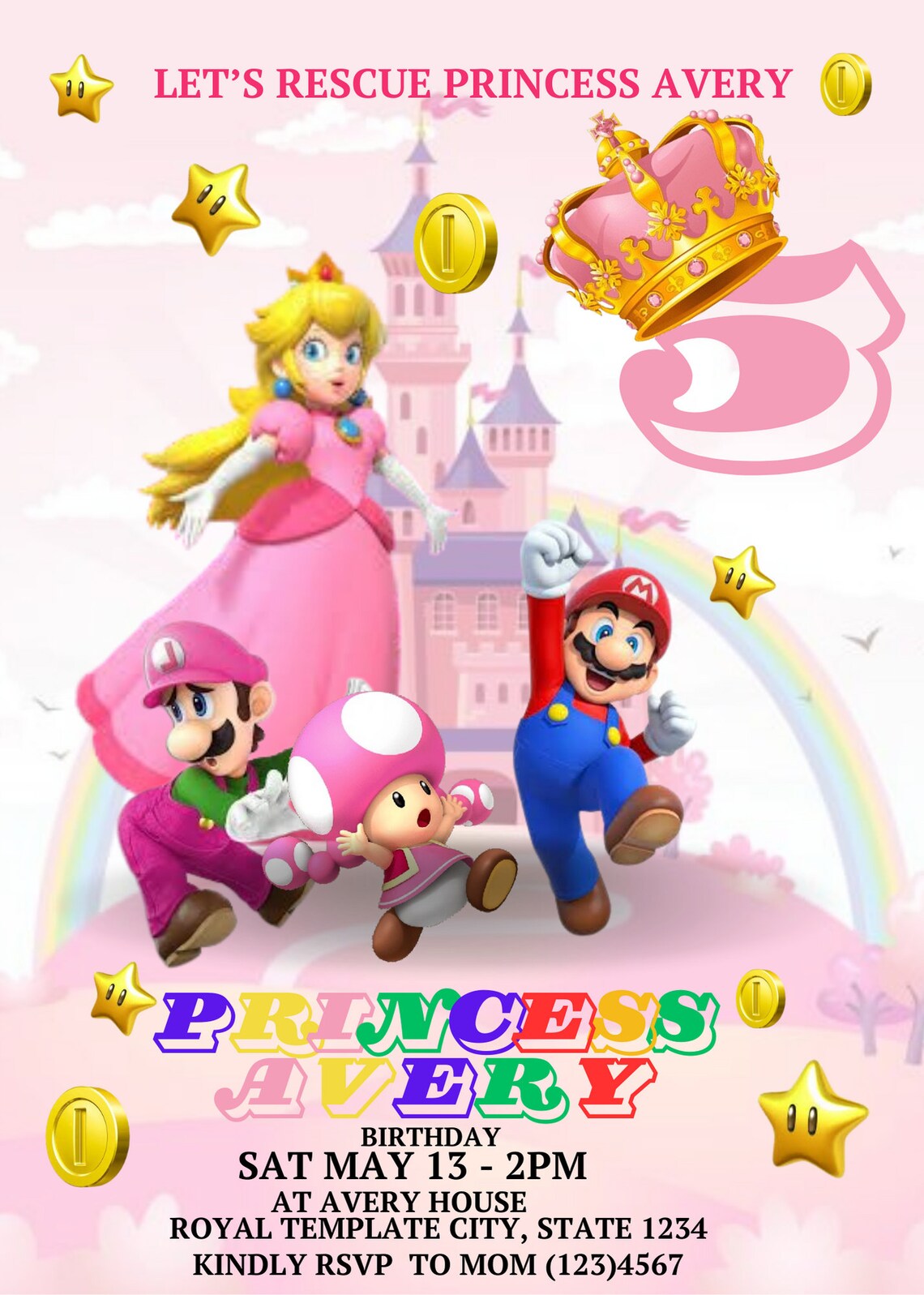 Mario Princess Peach Invitation, Mario Birthday Invitation for Girl ...