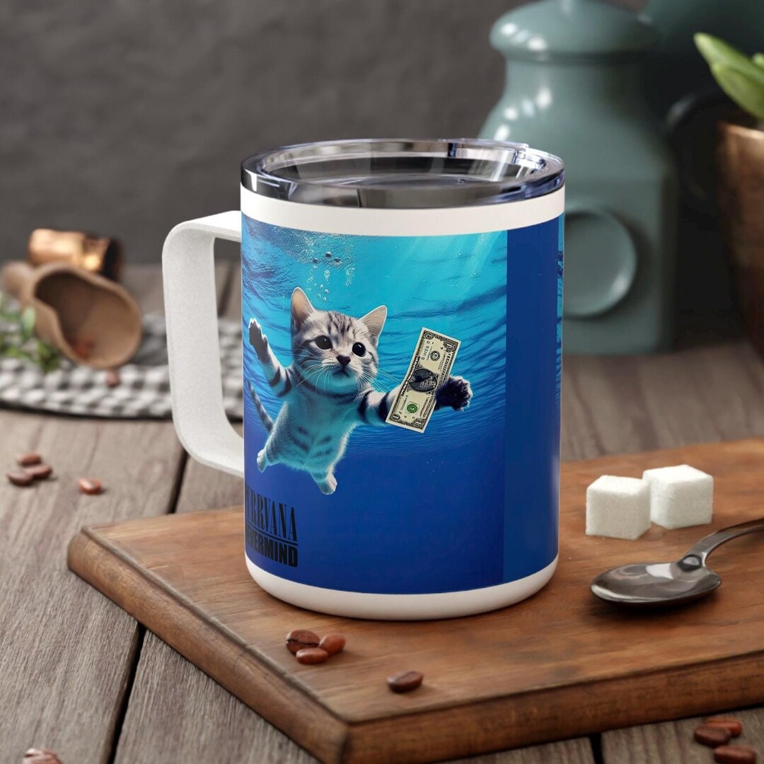 Novelty Nirvana Nevermind Album Insulated Coffee Mug - Funny Nirvana Gift - Purrvana Coffee Mug ...