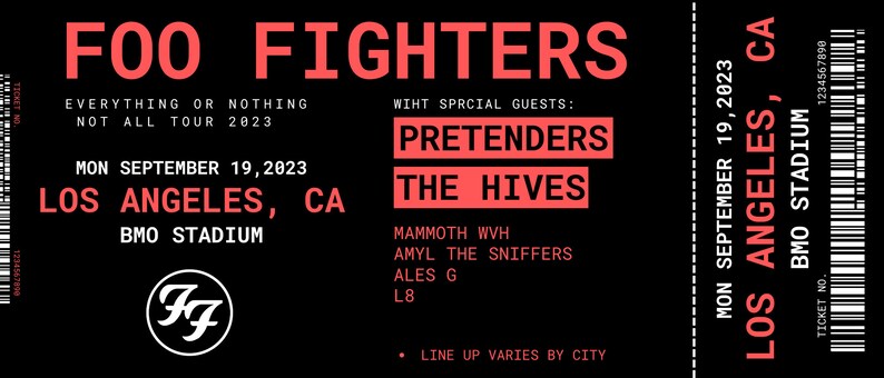Editable Foo Fighters US Tour 2024, Presentation Gift Tickets, Music ...