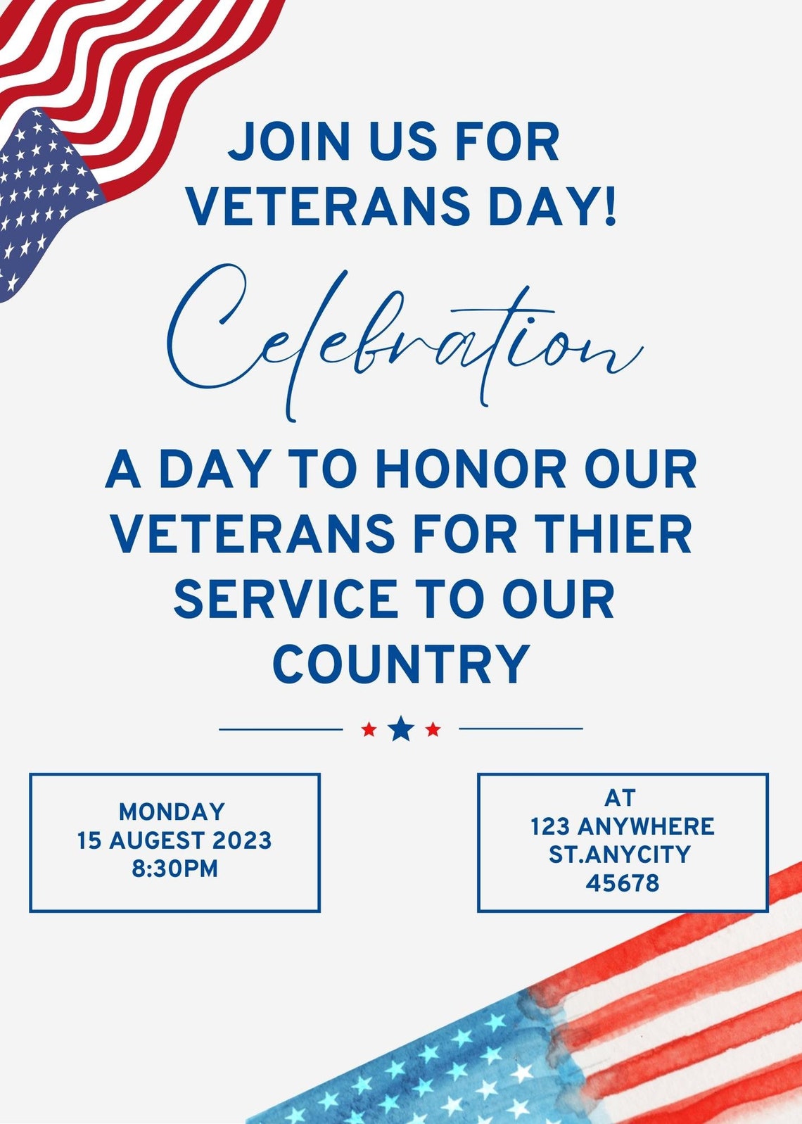 Veterans Day Invitation Template, Celebrate Veterans Day, Poster Size ...