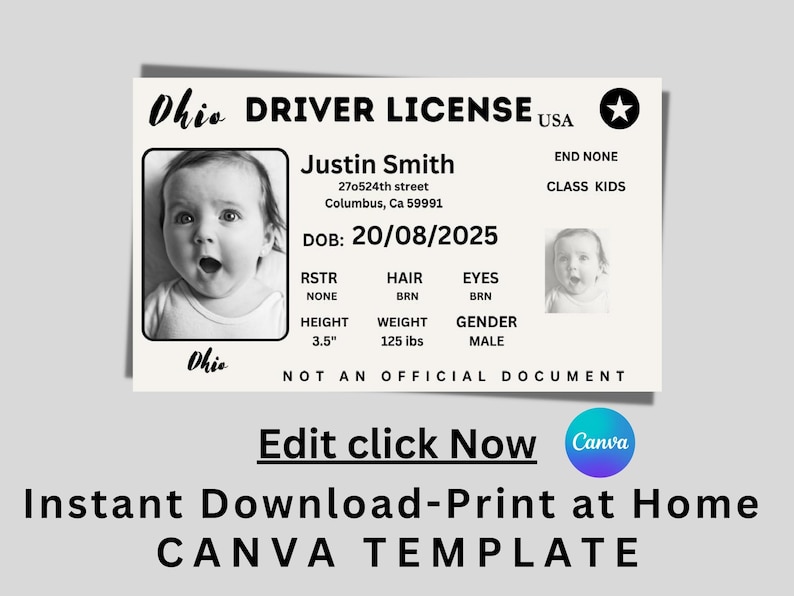 Customize Ohio Driver License Child Safety Identification Card Editable ...