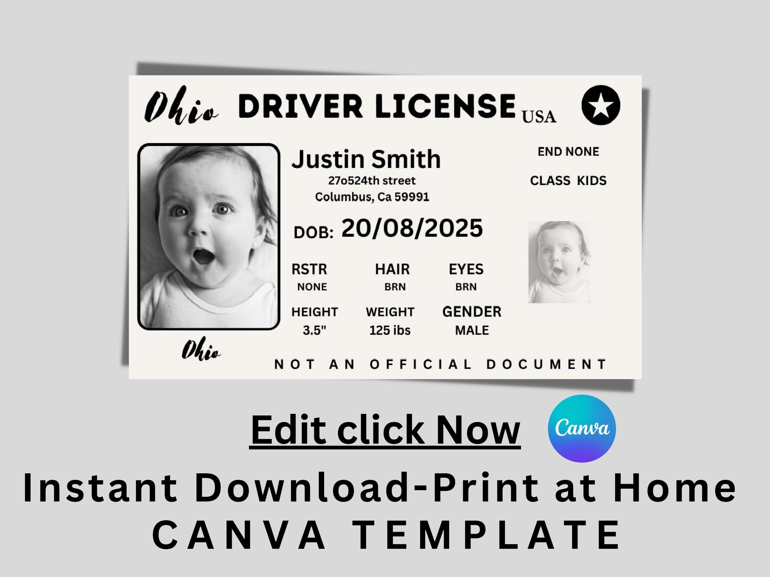 Customize Ohio Driver License Child Safety Identification Card Editable ...