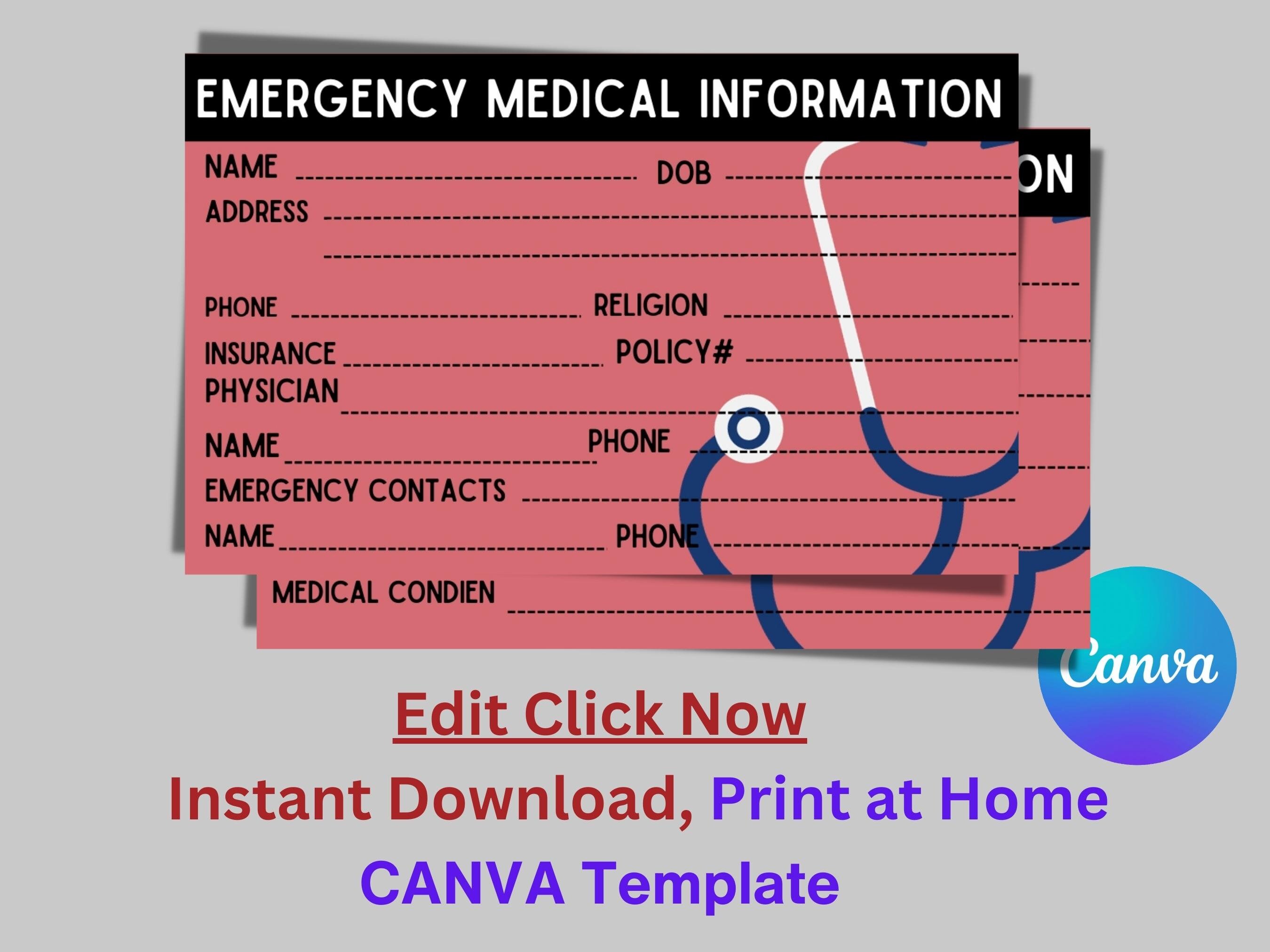 Medical ID Card Template Editable - Etsy