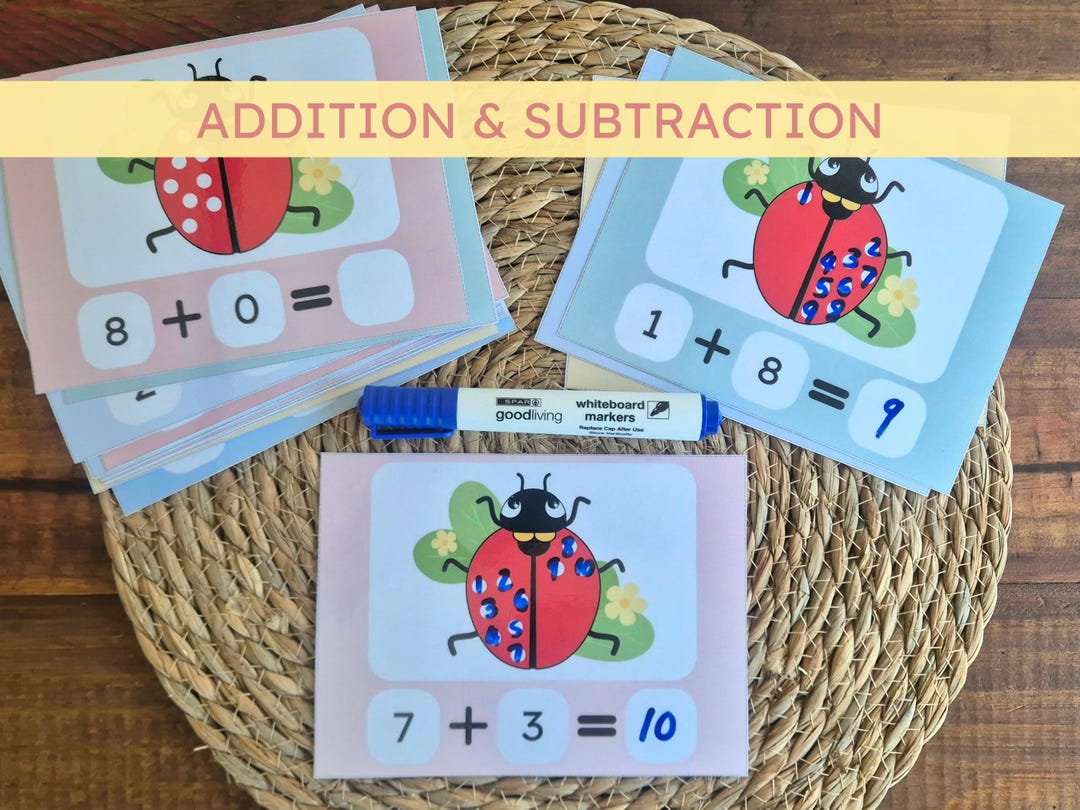 Ladybug Addition and Subtraction Task Card Bundle for Kindergarten Math ...