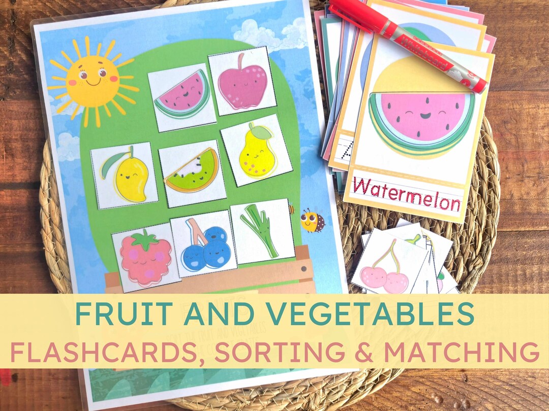Montessori Fruit and Vegetable Sorting Flashcards With Writing Practice ...