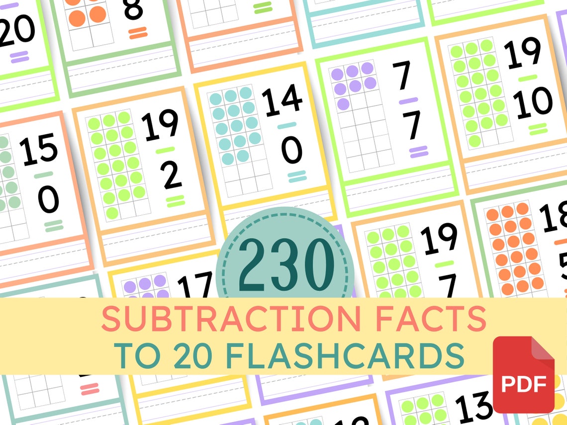 Subtraction Flashcards and Task Cards: Facts to 20, Math Center and ...
