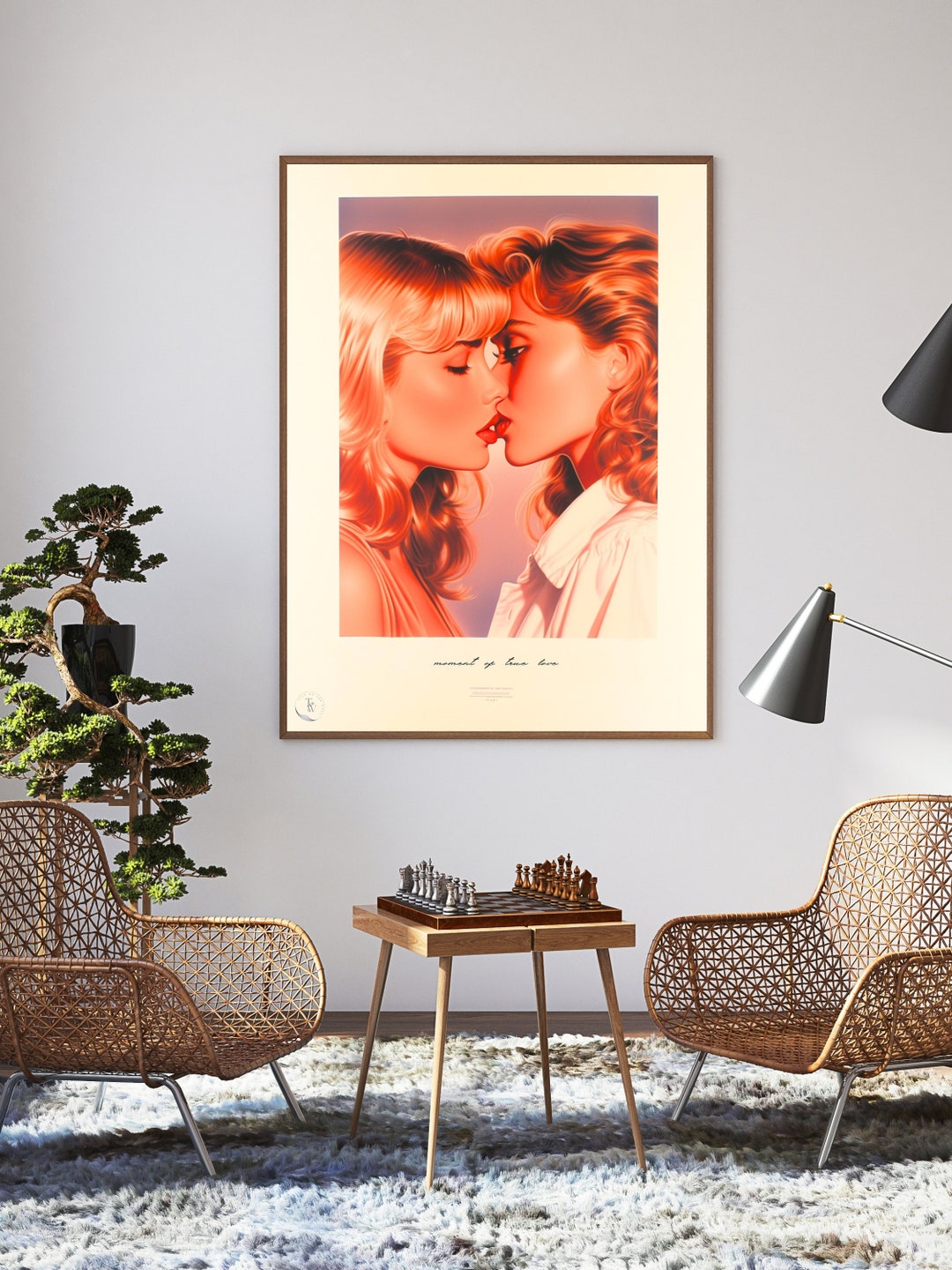 Two Beautiful Girls Kissing. Moment of True Love. Wall Digital Poster ...