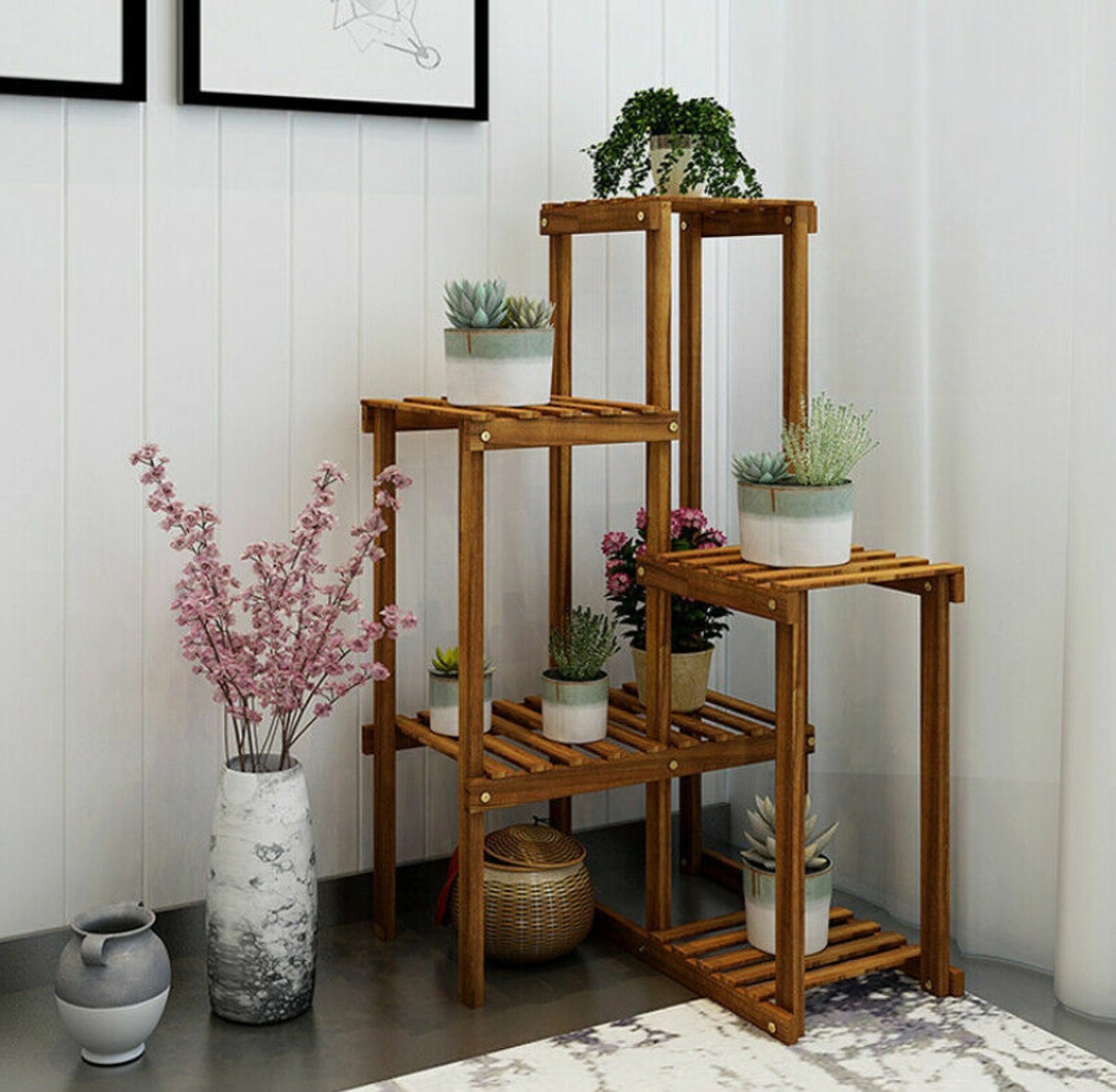 Plant Stand Wood Plant Stand Holder Flower Display Rack Indoor Outdoor ...
