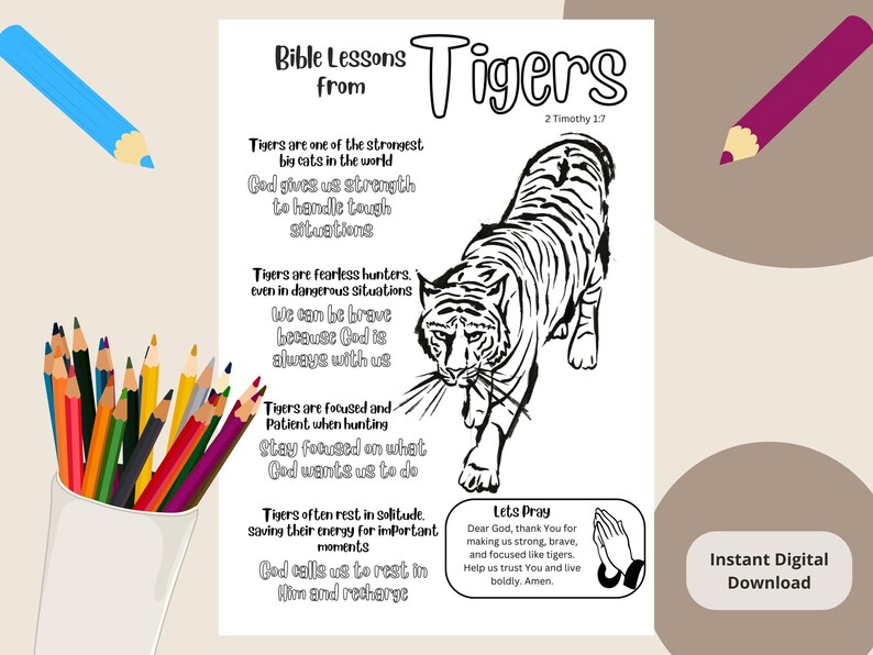 Tigers Bible Lessons Colouring Sheets, Fun Christian Printable Activity ...