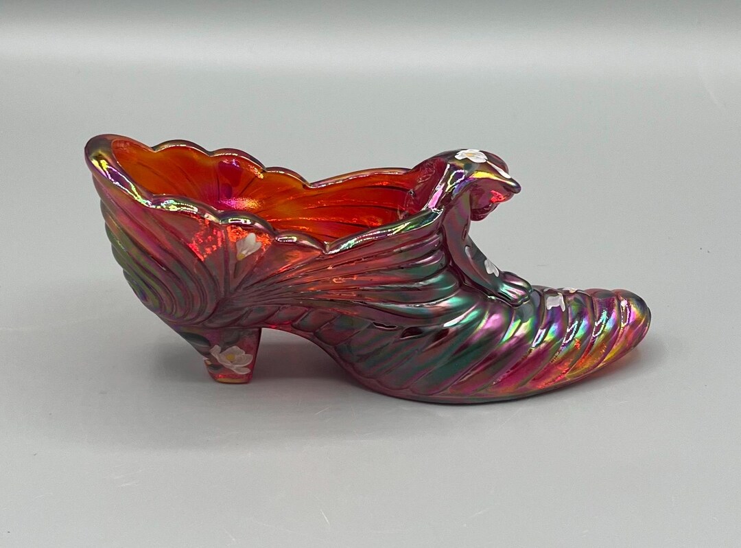 Fenton Red Iridescent Glass Shoe With Hand Painted Flowers Signed ...