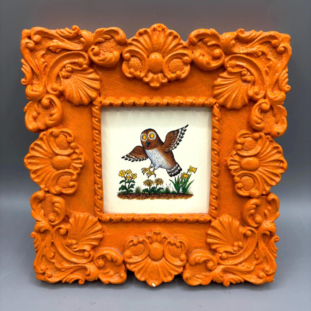 Vintage Hand Painted Ornate Orange Frame With Owl Print, 6” Square ...