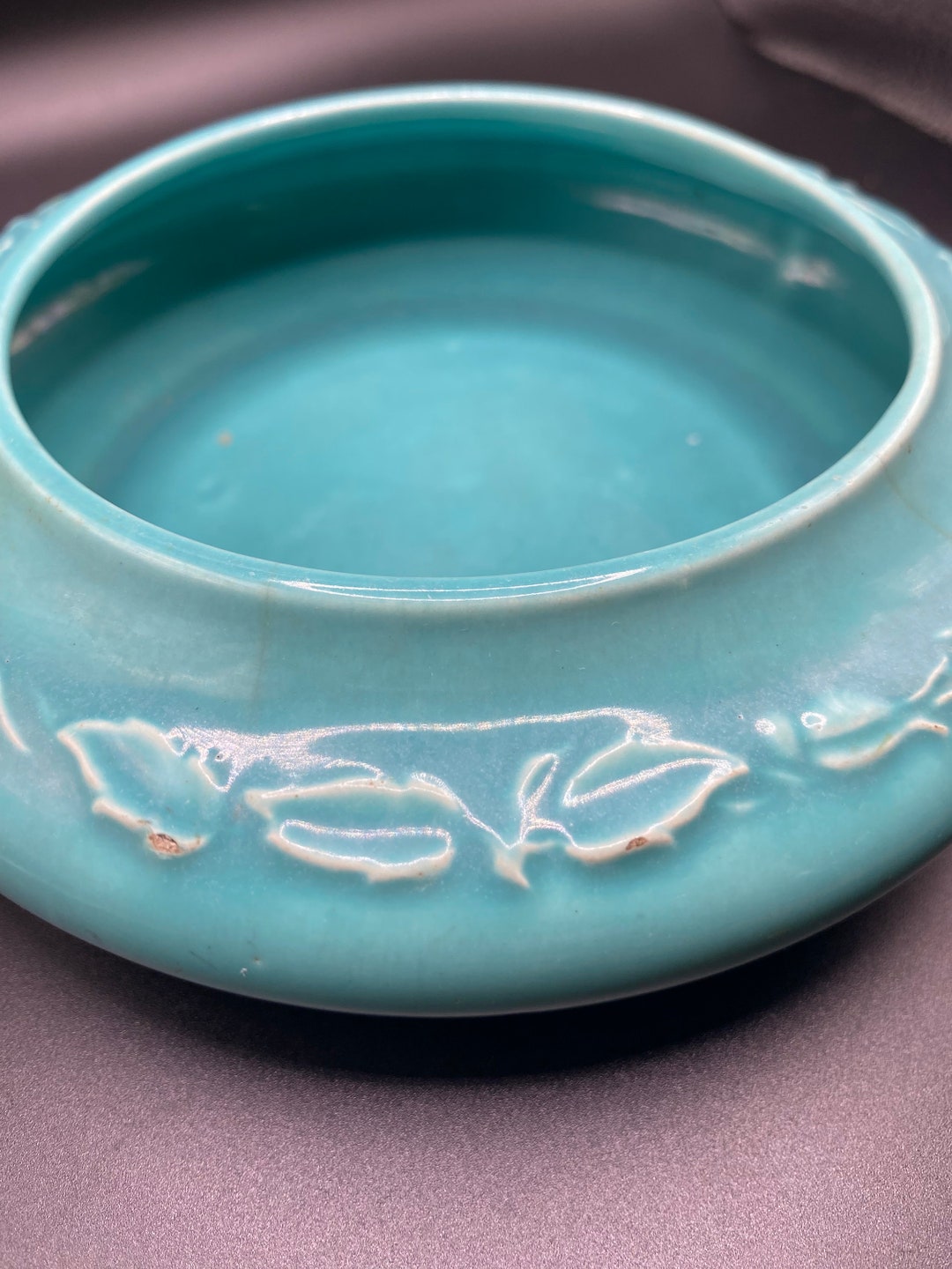 Turquoise Round Pottery Planter, Low Pot With Floral Detail, 1952 - Etsy
