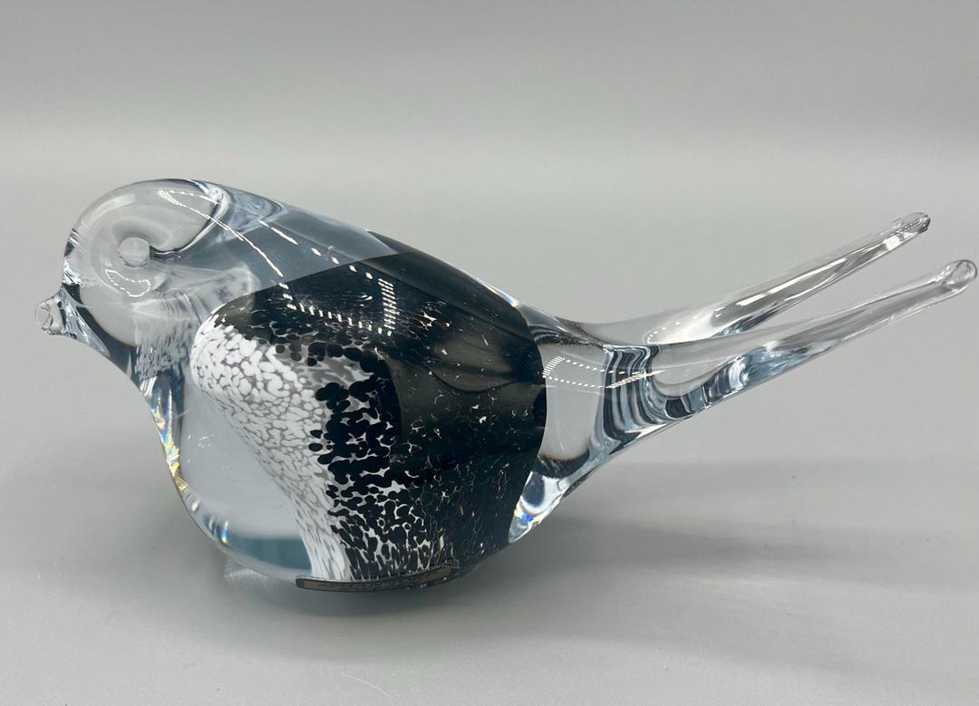 Mantrop Sweden Art Glass Bird Figurine Paperweight Clear With Black and ...