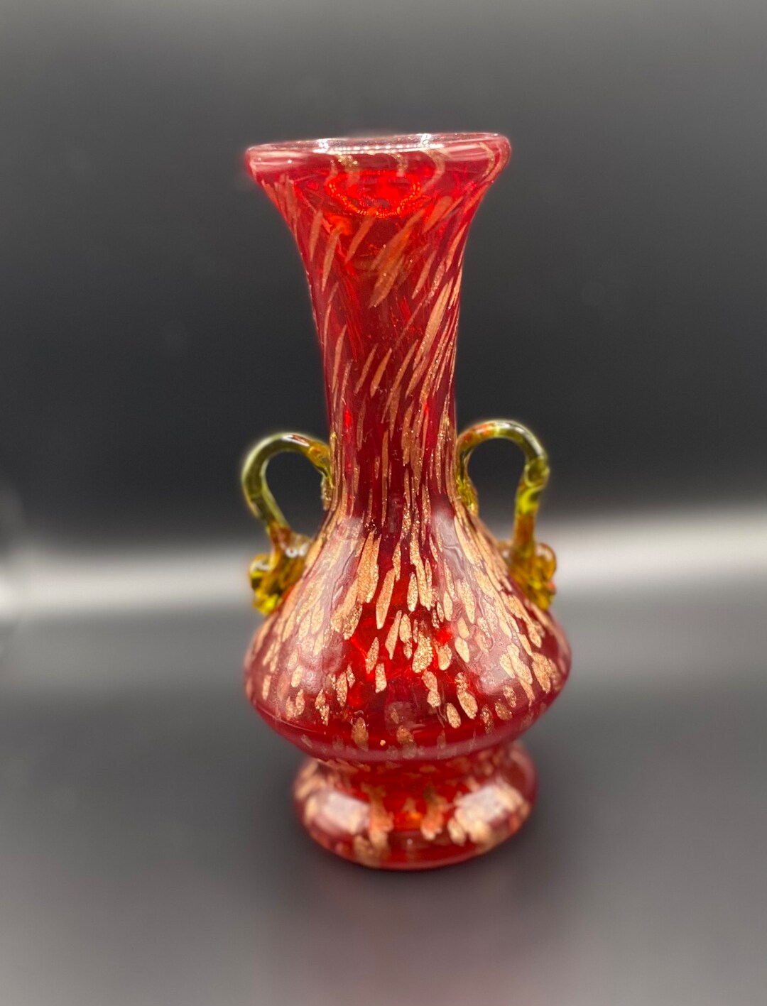 Red Blown Glass Two Handle Vase With Yellow Detail - Etsy